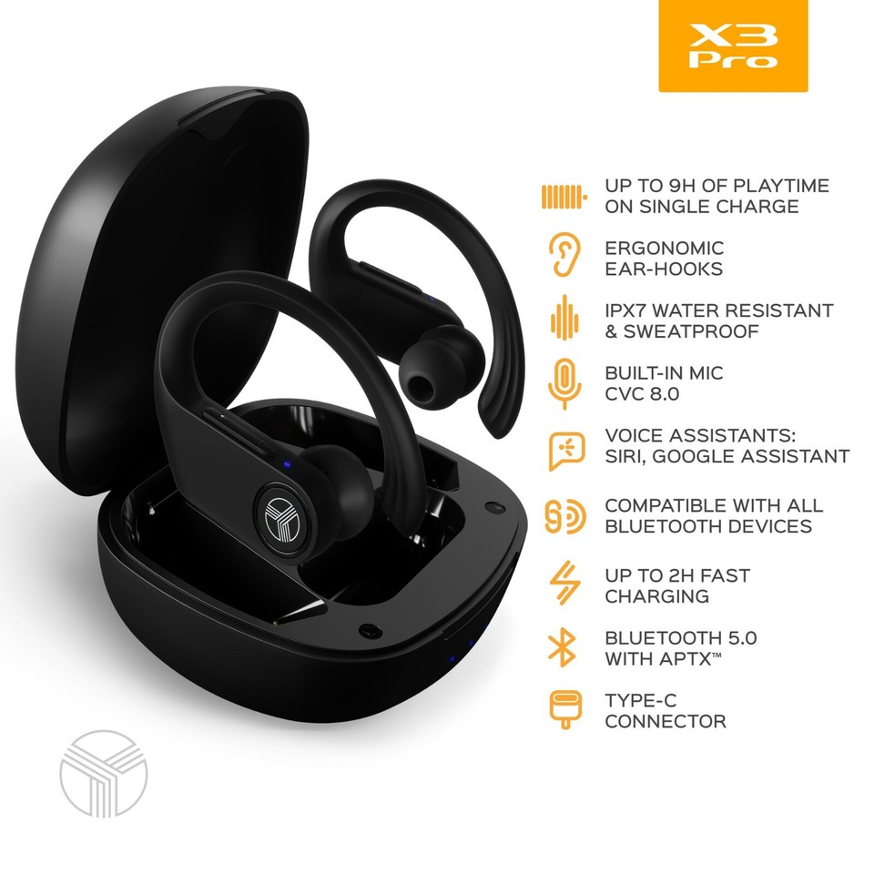 Treblab X3 Pro-W - Waterproof Wireless Earbuds with Earhooks -up to 45H ...