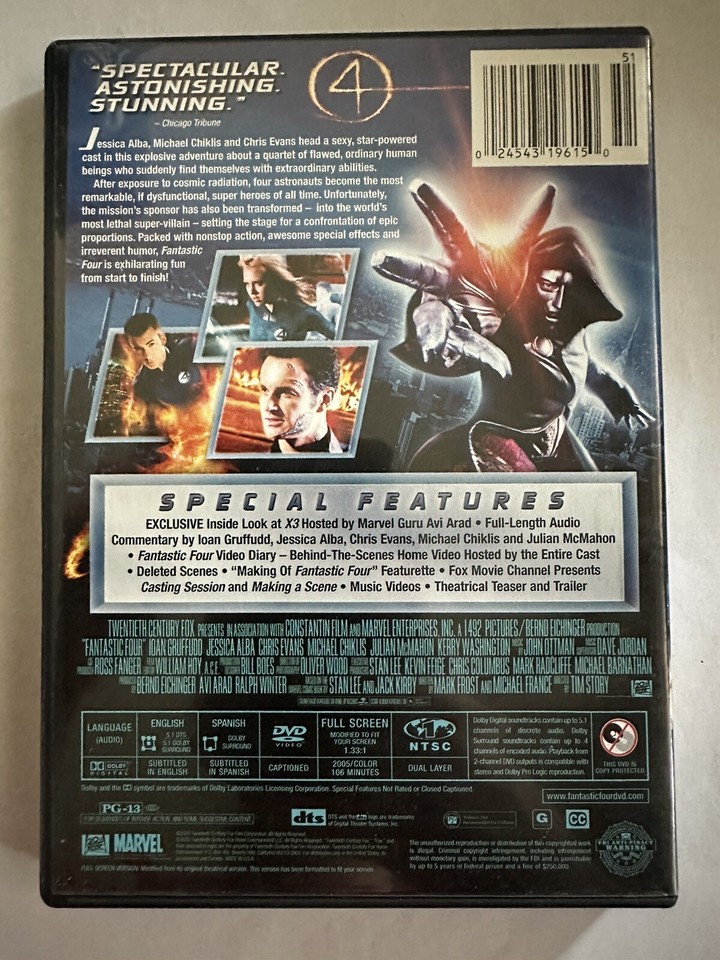 Fantastic Four (DVD, 2005, Full Screen) Chris Evans, Jessica Alba ...