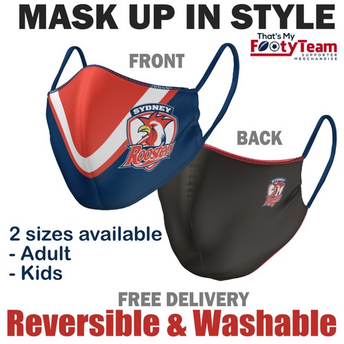 NRL Sydney Roosters Face Mask - 2 Sizes: Adult or Kids: Reversible ...