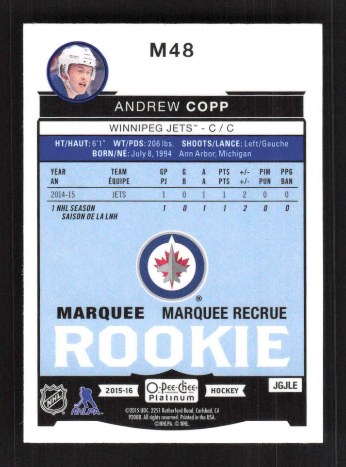 Andrew Copp RC 2015 O-Pee-Chee Platinum Marquee Rookies Winnipeg Jets # ...