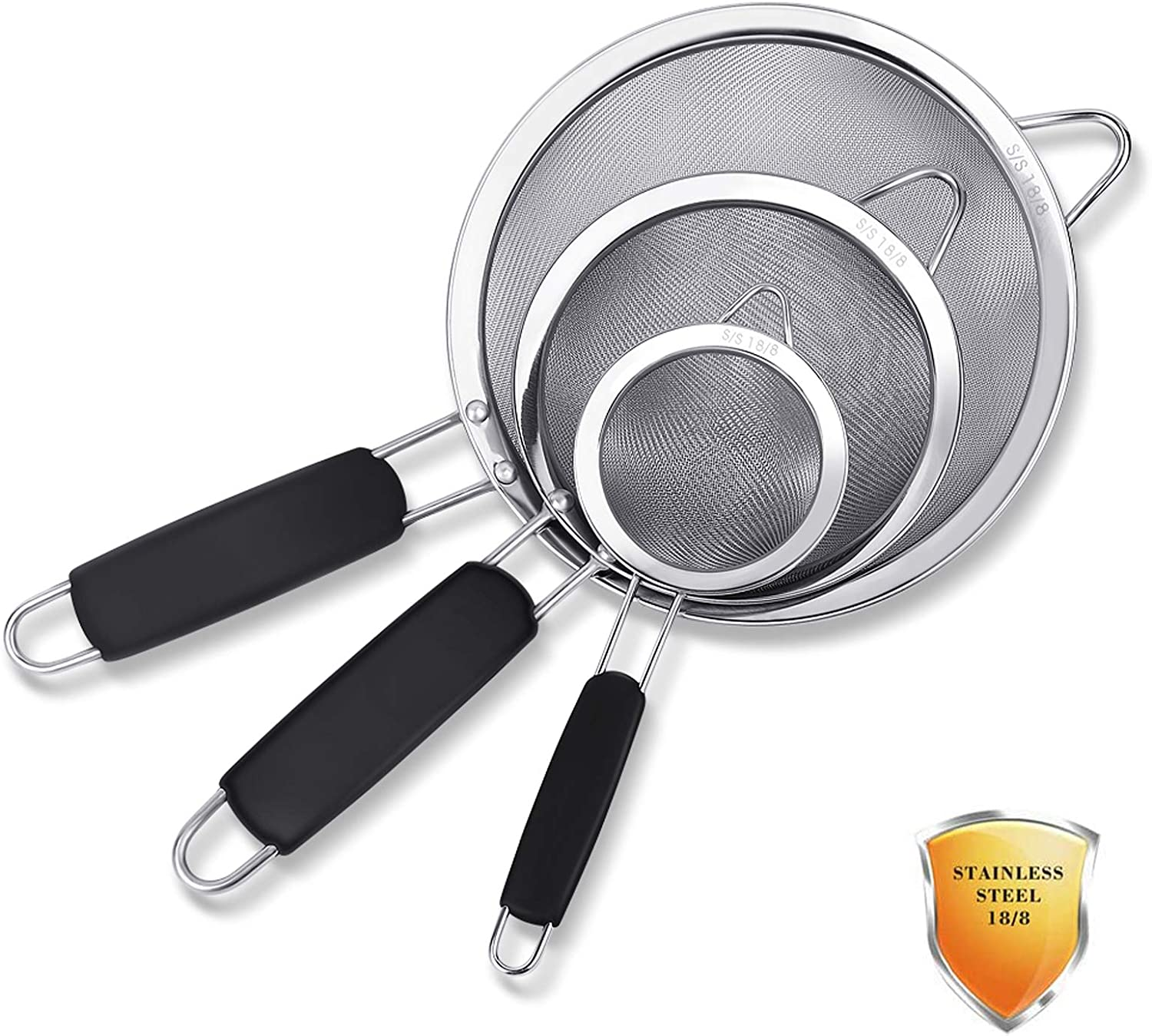 3 Pack Stainless Steel Extra Fine Double Mesh Strainers, Non Slip ...