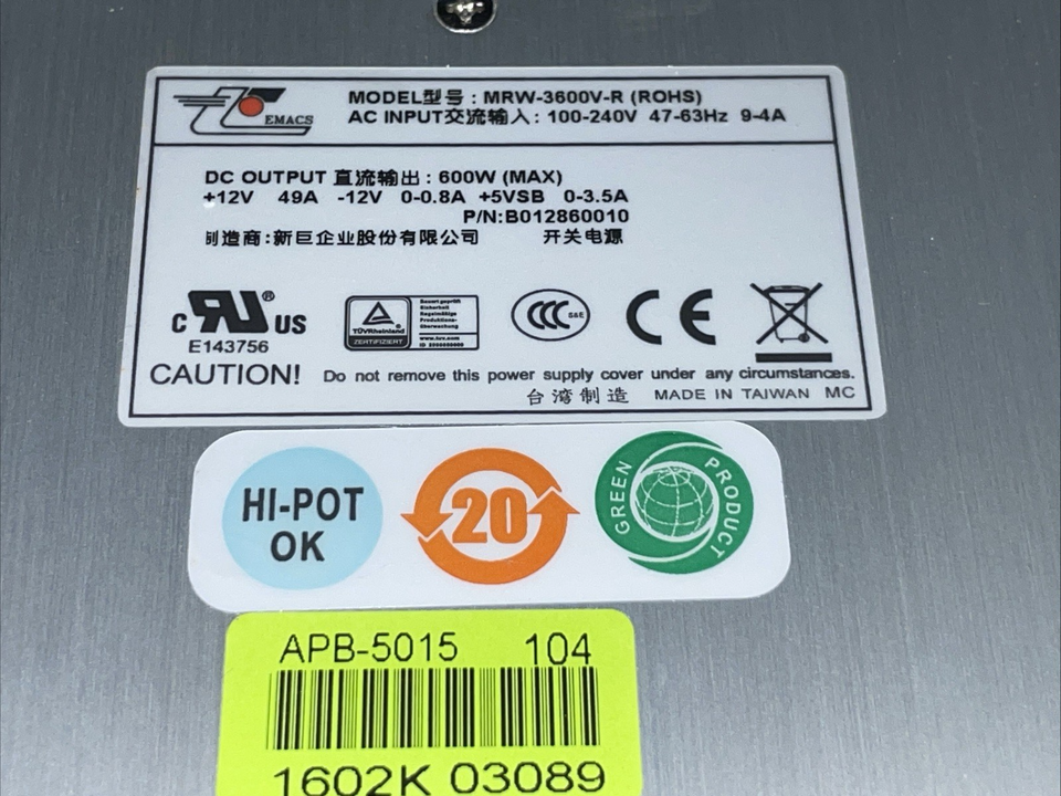 Emacs Zippy MRW-3600V-R Redundant Server Netzteil 600 Watt P/N ...