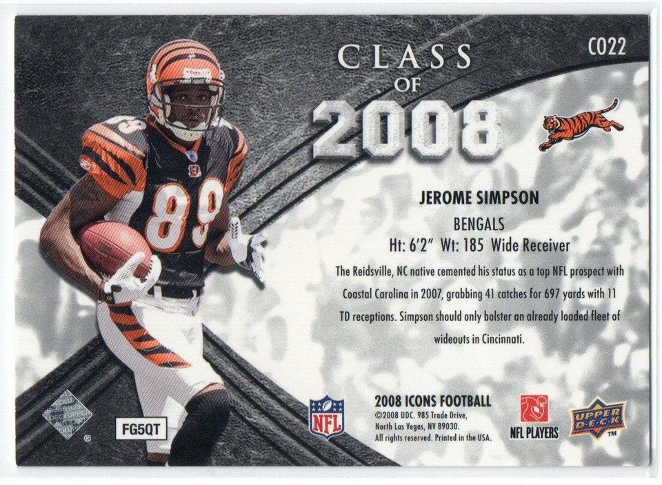 Jerome Simpson 2008 Upper Deck Icons Class of 2008 Blue CO22 160/250 ...