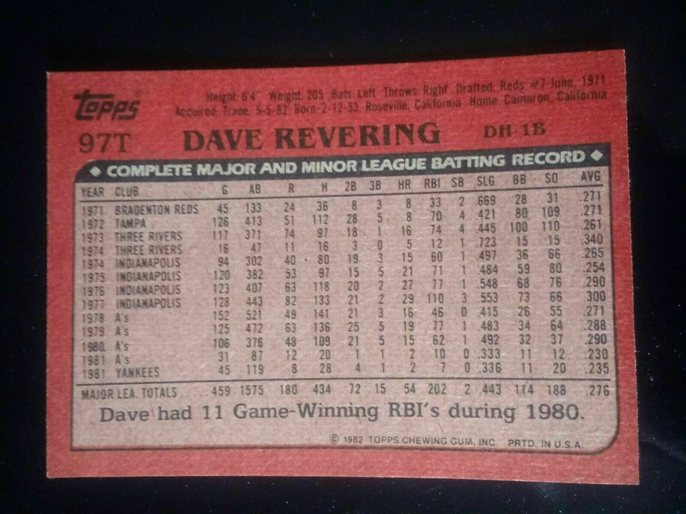 1982 Topps Traded Dave Revering Baseball Card #97 T Toronto Blue Jays ...