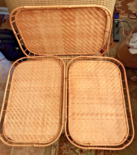 Vintage Bamboo Rattan Wicker Trays Set of 3 Lap Serving Tiki Bar 19" x ...