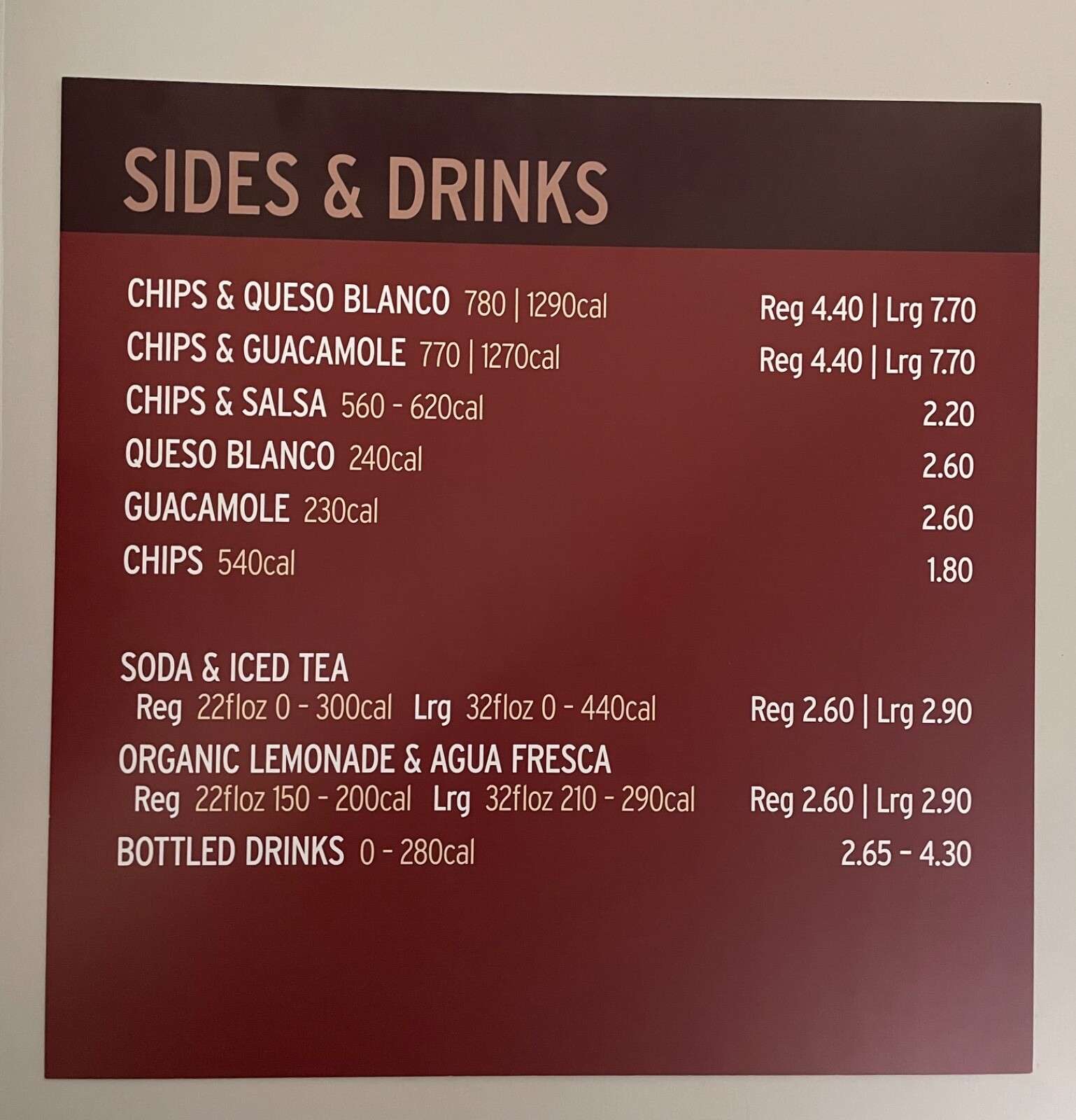 2022 Chipotle Sides & Drinks Menu Board Sign | eBay