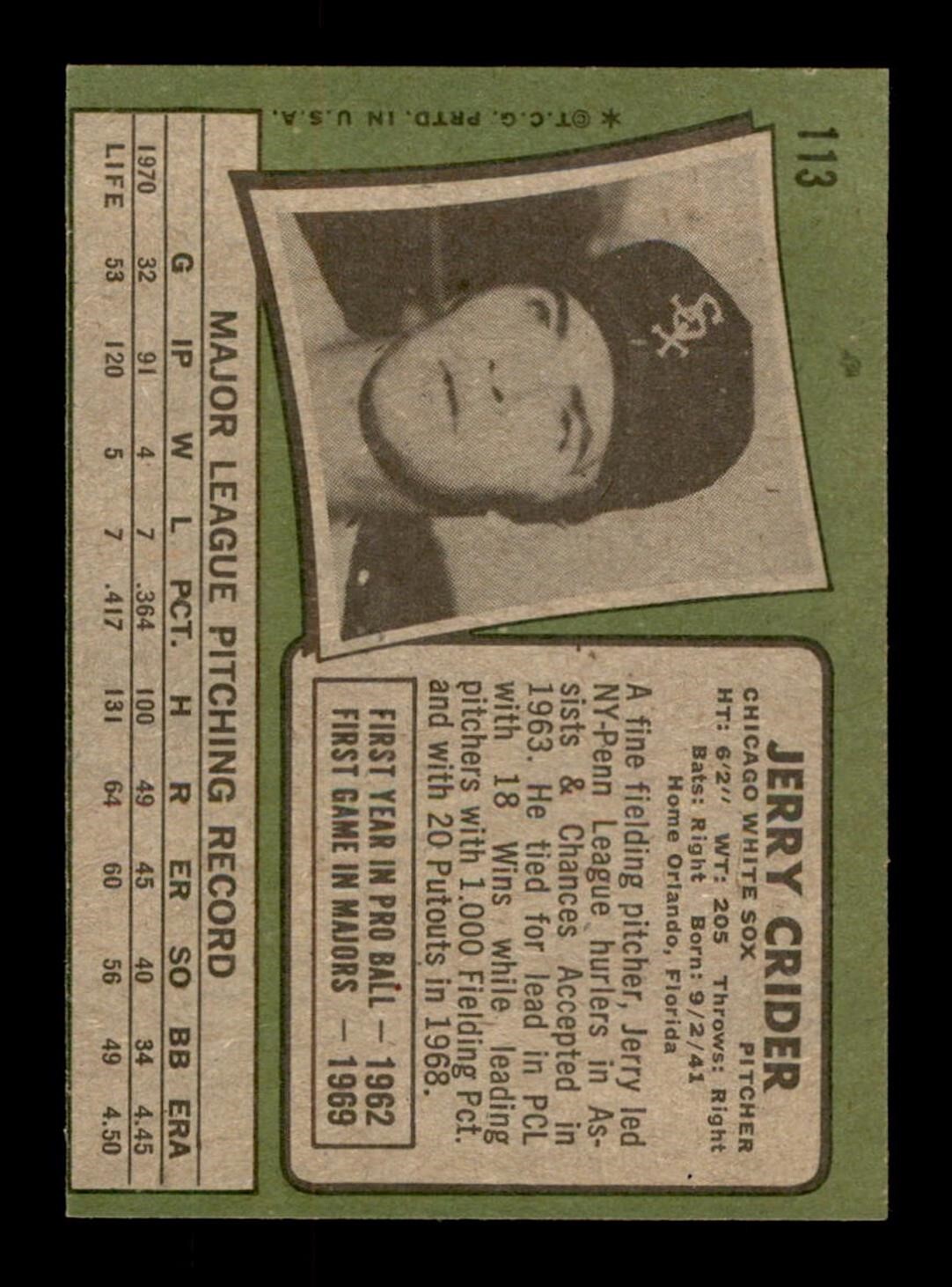 1971 Topps Baseball #113 Jerry Crider EX *d5 | eBay