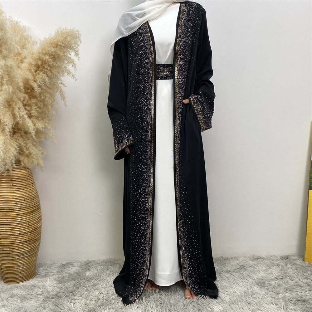 Dubai Women Rhinestone Muslim Open Kimono Cardigan Abaya Dress Arab ...