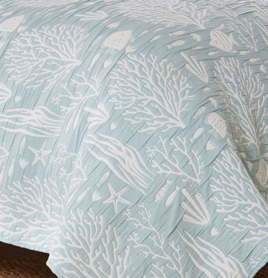 MARINA SEAFOAM GREEN 2pc Twin QUILT SET : CORAL FISH BEACH OCEAN SHELL ...