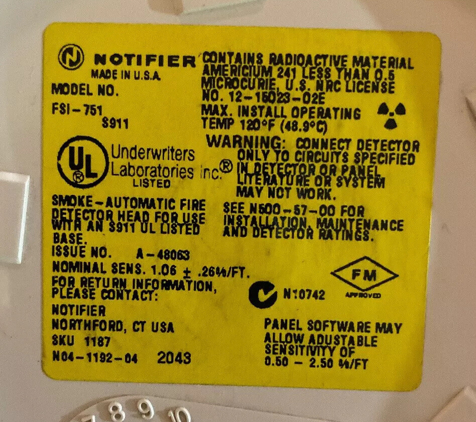 NOTIFIER FSI-751 IONIZATION SMOKE DETECTOR ADDRESSABLE HEAD FIRE ALARM ...