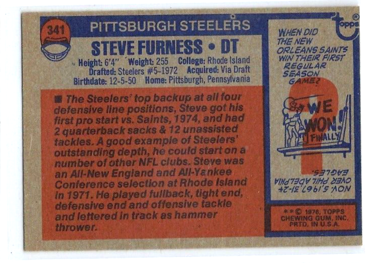 1976 Topps Football #341 - Steve Furness - Pittsburgh Steelers | eBay