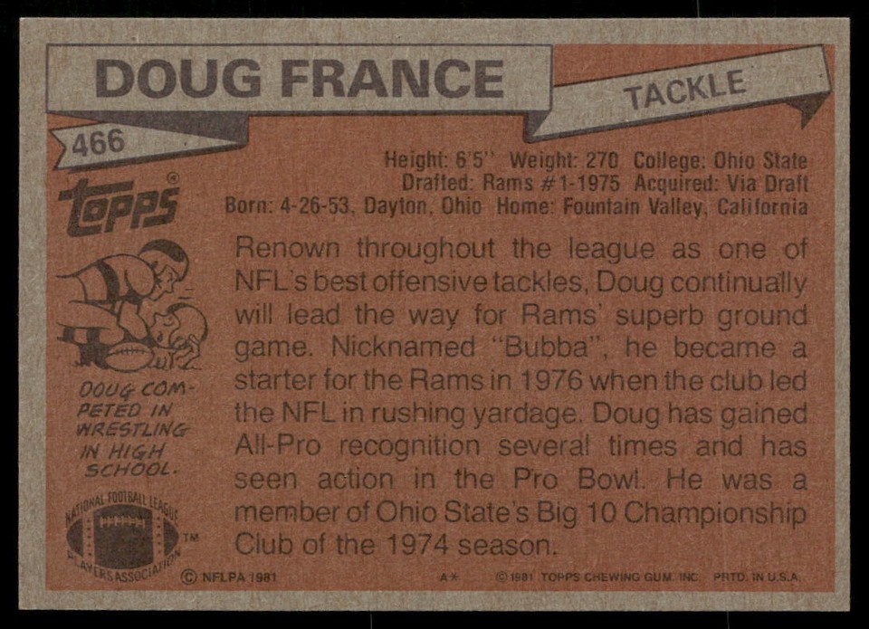 Doug France 1981 Topps #466 Los Angeles Rams RC Football Card | eBay