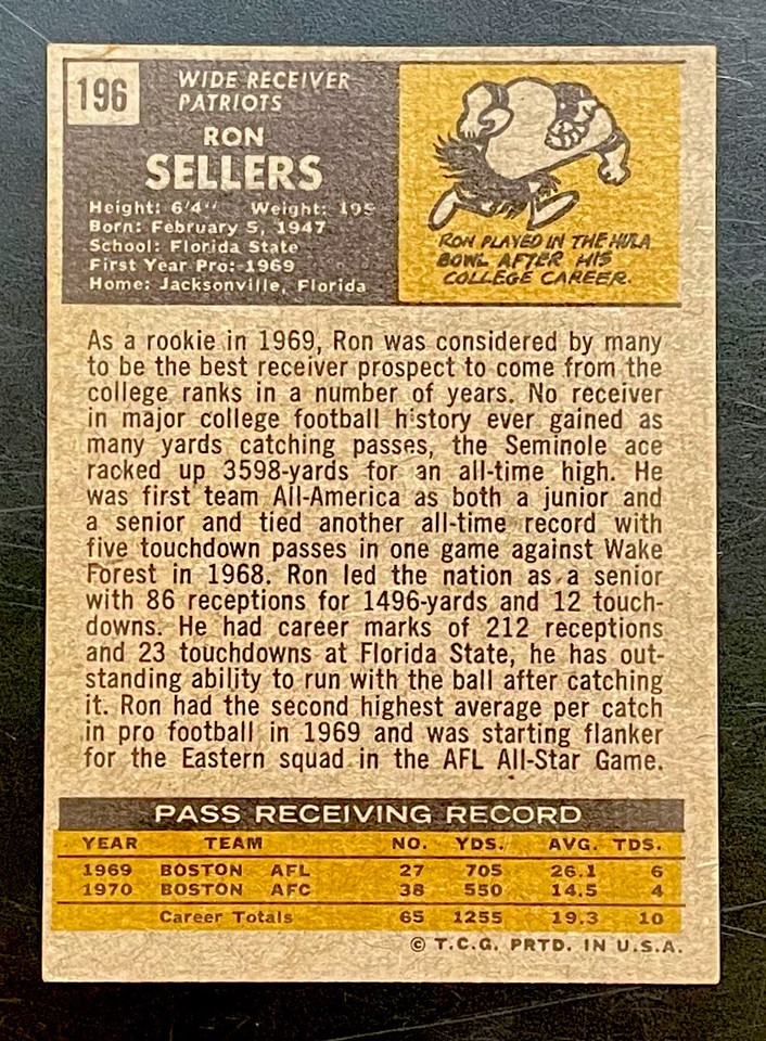 1971 Topps #196 (RC) Ron Sellers - New England Patriots Vintage Rookie ...