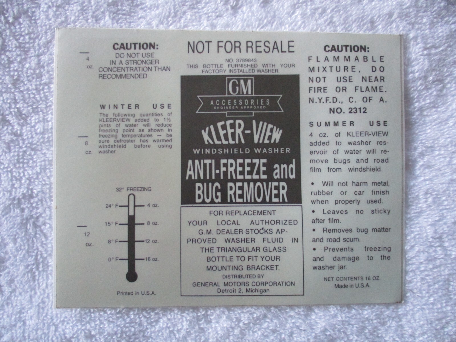 GENERAL MOTORS KLEER-VIEW WINDSHIELD WASHER FLUID BOTTLE LABEL DECAL 50 ...