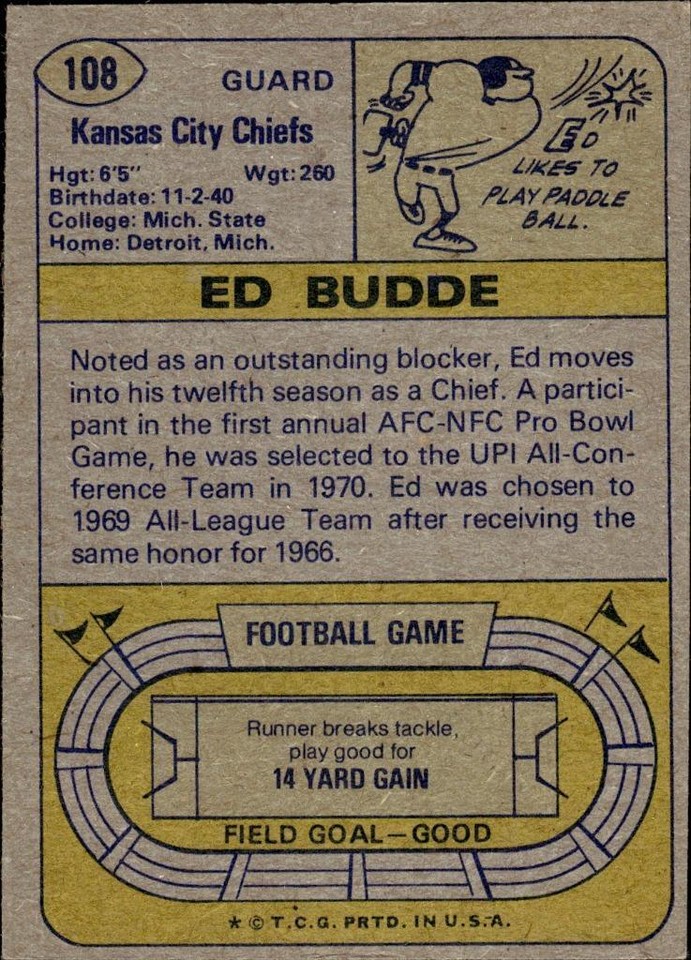 ED BUDDE 1974 Topps Football #108 BUY ANY 2 ITEMS FOR 50% OFF ...