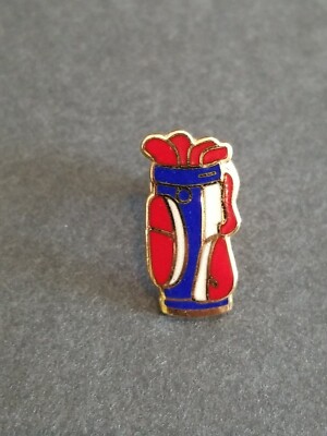VINTAGE GOLF BAG AND CLUBS PIN PINBACK GOLD TONE RED BLUE ENAMEL HMK ...