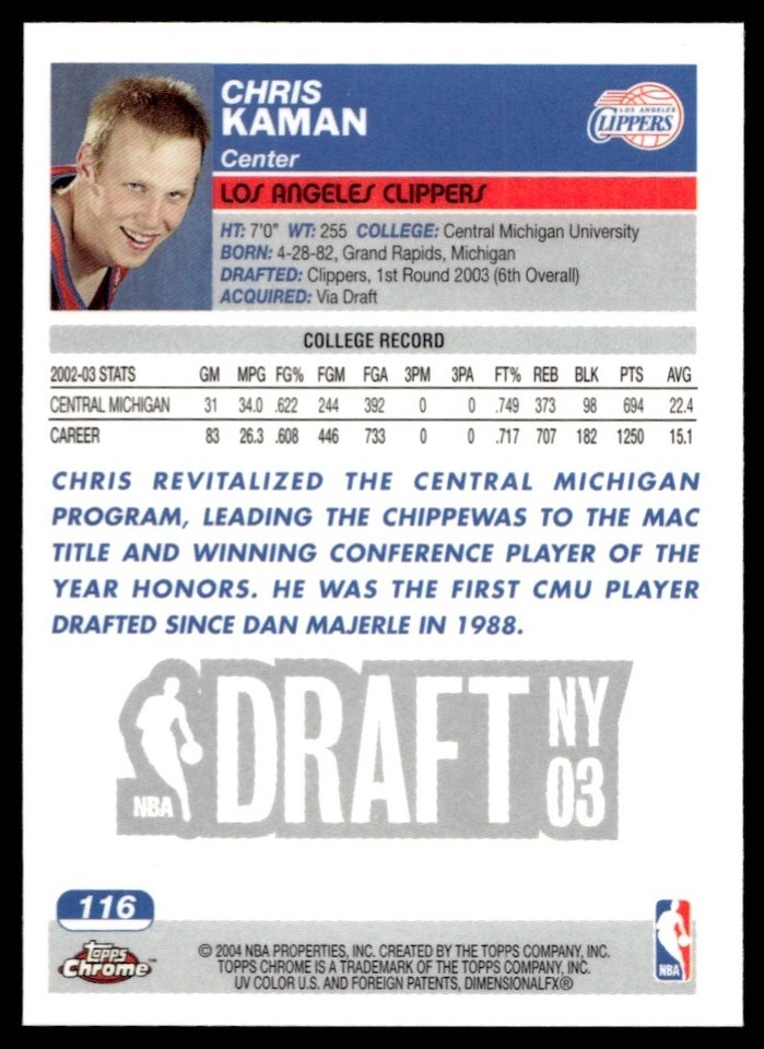 2003-04 Topps Chrome Chris Kaman Rookie G18 Sacramento Kings #116 | eBay