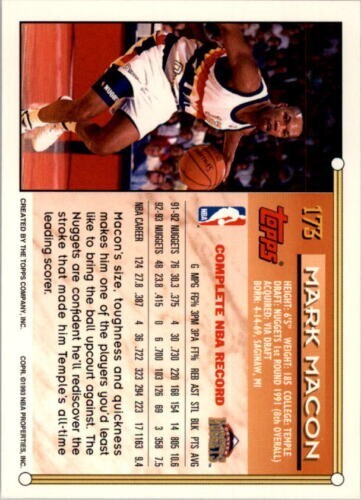 1993-94 Topps Denver Nuggets Basketball Card #173 Mark Macon | eBay