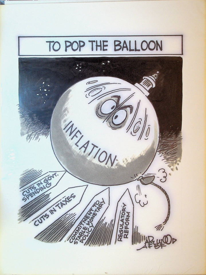 Inflation To Pop the Balloon Editorial Cartoon 1980s Art Wood Original ...