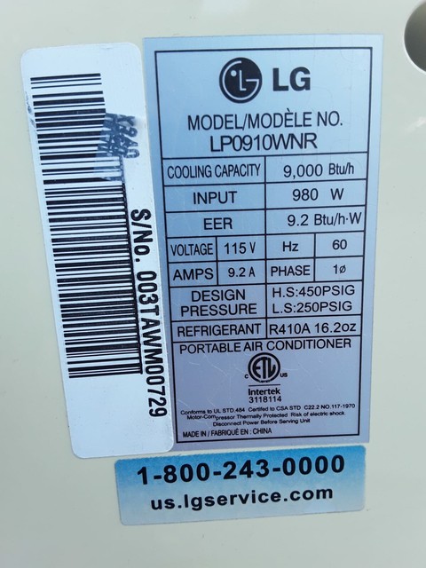 LG 9,000 BTU Portable Air W/ Remote LP0910WNR for sale online | eBay