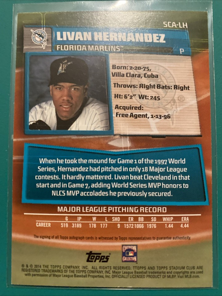 2014 Topps Stadium Club LIVAN HERNANDEZ #SCA-LH On Card Autograph ...