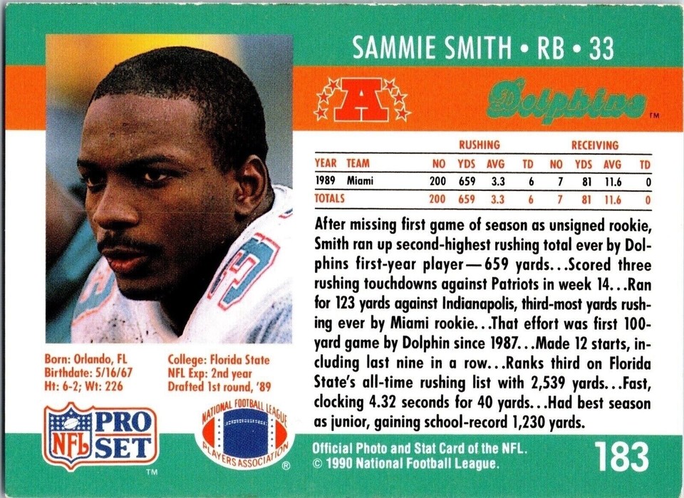 1990 Sammie Smith 33 Dolphins 183 National Football League Sports ...