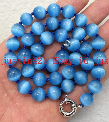 Natural 10mm Light Blue Cat Eye Round Gemstone Beads Necklace 18'' AAA+ ...