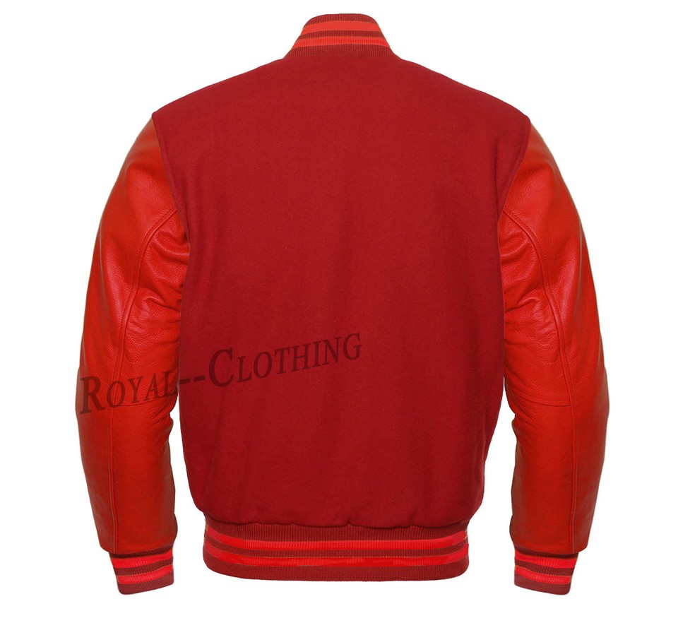 Solid Red Letterman Baseball Varsity Wool and Genuine Leather Sleeves ...