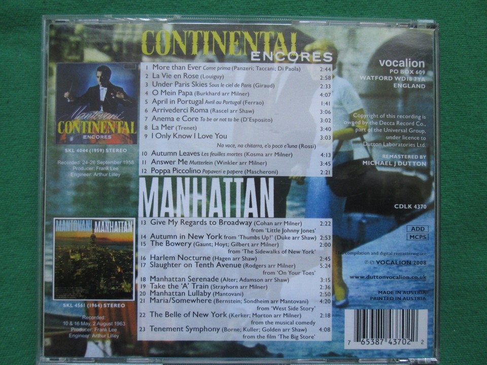 MANTOVANI - CONTINENTAL ENCORES & MANHATTAN - 2008 VOCALION - CDLK4370 ...