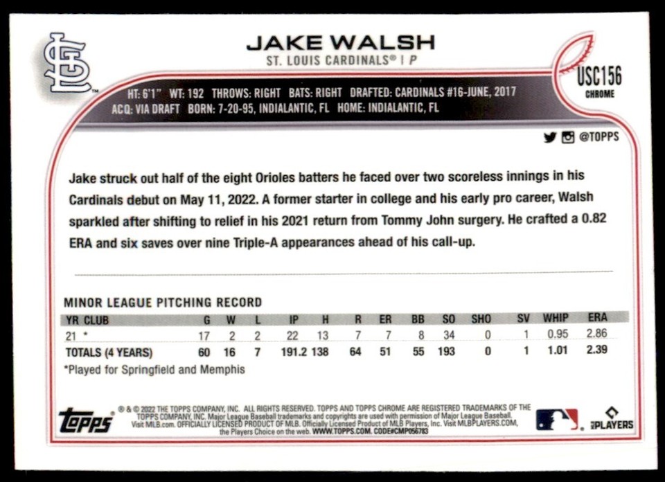 Jake Walsh 2022 Topps Chrome Update RC #USC156 St. Louis Cardinals | eBay