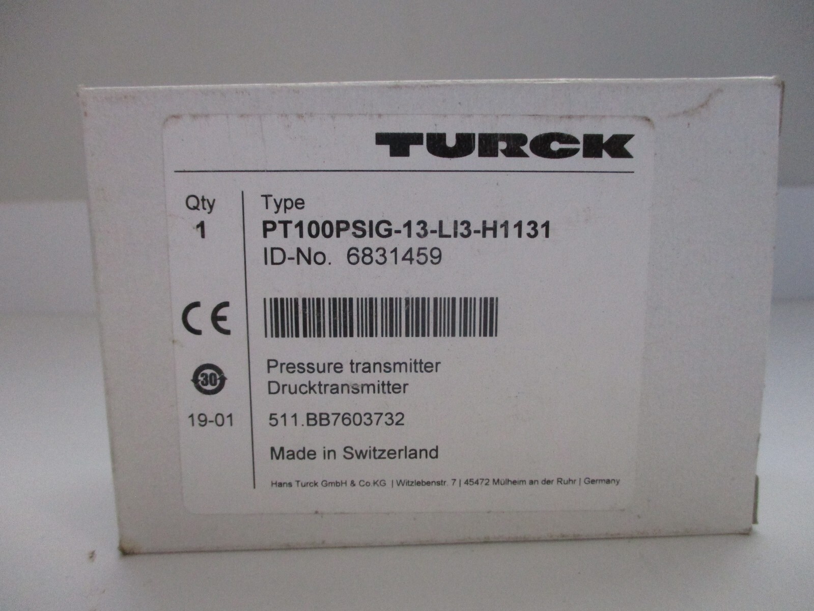 TURCK PRESSURE TRANSMITTER DRUCKTRANSMITTER PT100PSIG-13-L13-H1131 0 ...