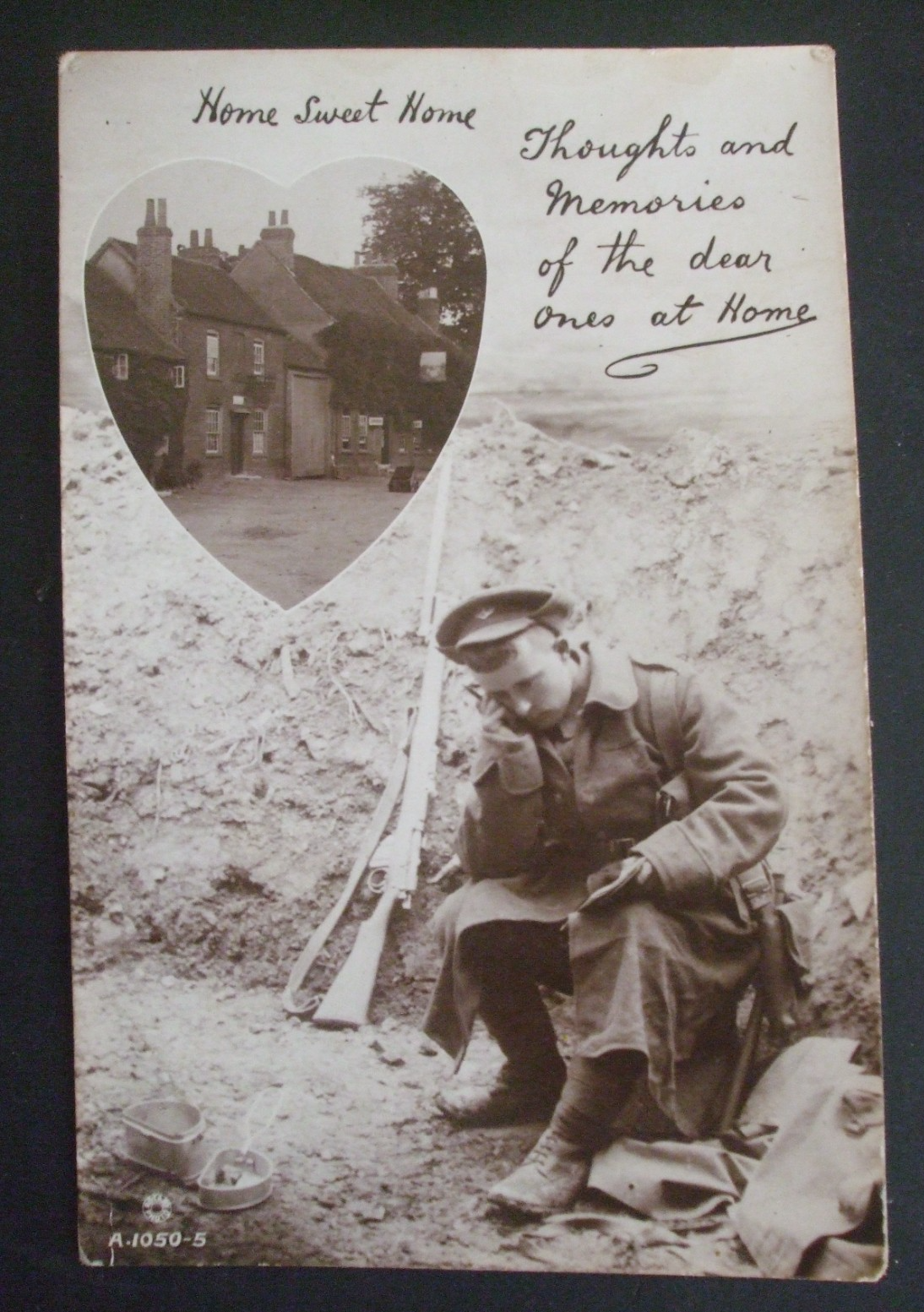 WW1 RPPC BRITISH SOLDIER IN TRENCH RIFLE HOME SWEET HOME HOUSES ...