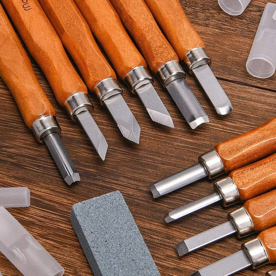 12PCS Wood Carving Tools SK10 Steel Knives with Pine Block Whittling ...