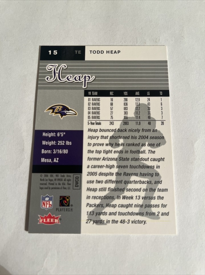2006 Fleer Ultra Todd Heap #15 Baltimore Ravens Arizona State Sun ...