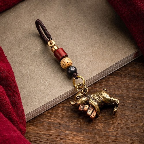 Pure Brass Piglet Holding Brick Figure Keychain Ring Pendant Animal Pig ...