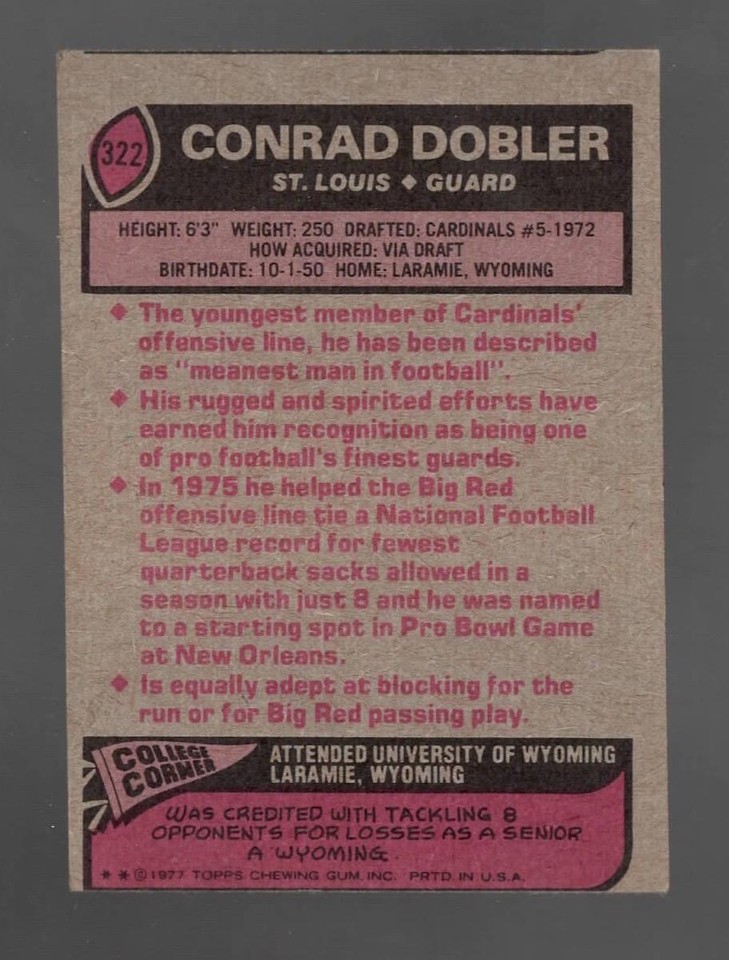1977 Topps Conrad Dobler St. Louis Cardinals #322 Excellent (oc) | eBay