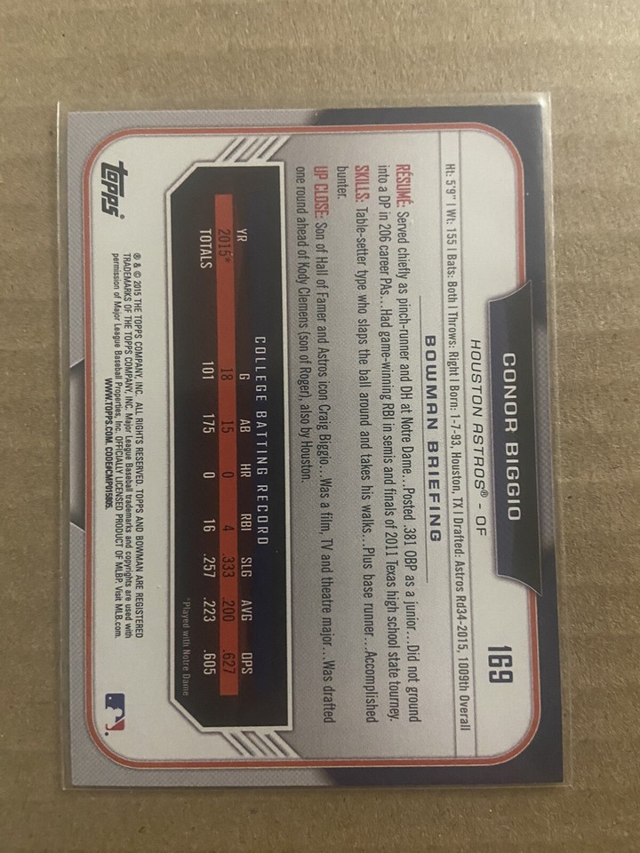 2015 Bowman Draft Baseball #169 Conor Biggio Houston Astros | eBay