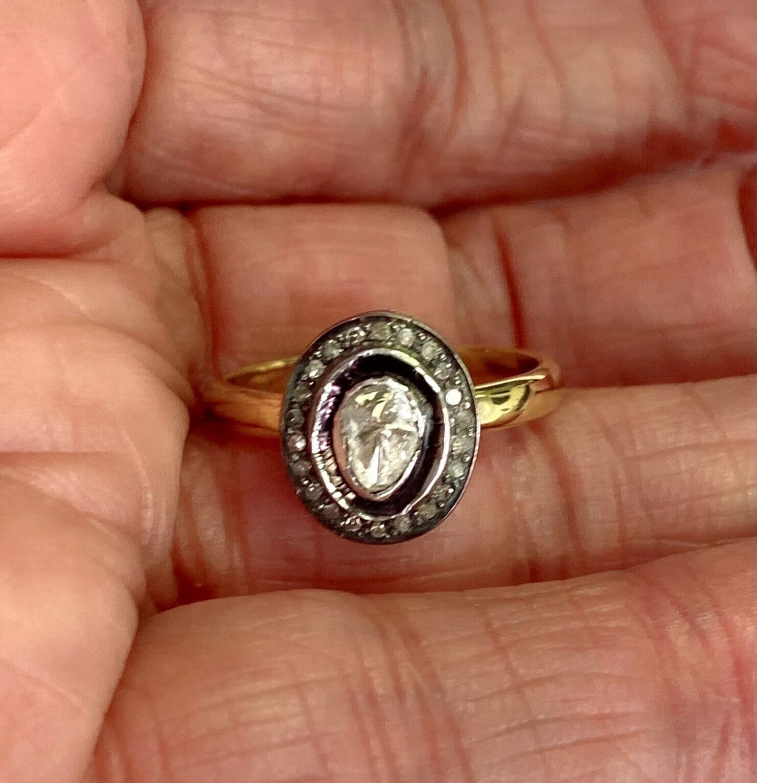 HSN Joya Two Tone Sterling Silver Polki Diamond Oval Pavé Ring Size 7 ...