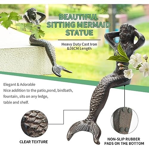 Sungmor Mermaid Statue Cast Iron Garden Decor Sitting Figurine Ornament ...