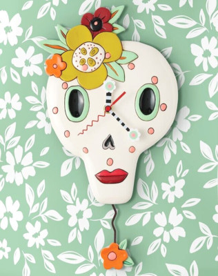 New ALLEN DESIGNS Wall Clock BONITA BONES Sugar Skull Flower Swing ...