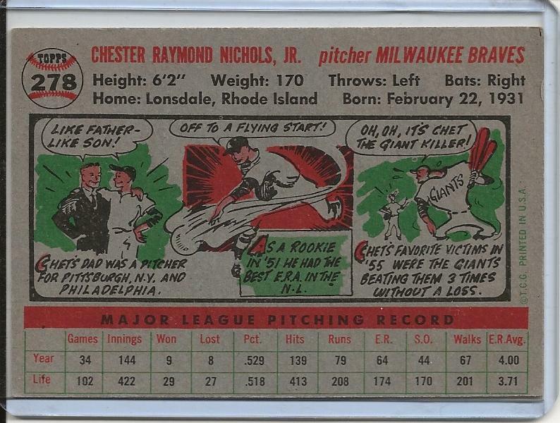 1956 Topps Baseball Card Chet Nichols Pitcher Milwaukee Braves NR Mint ...