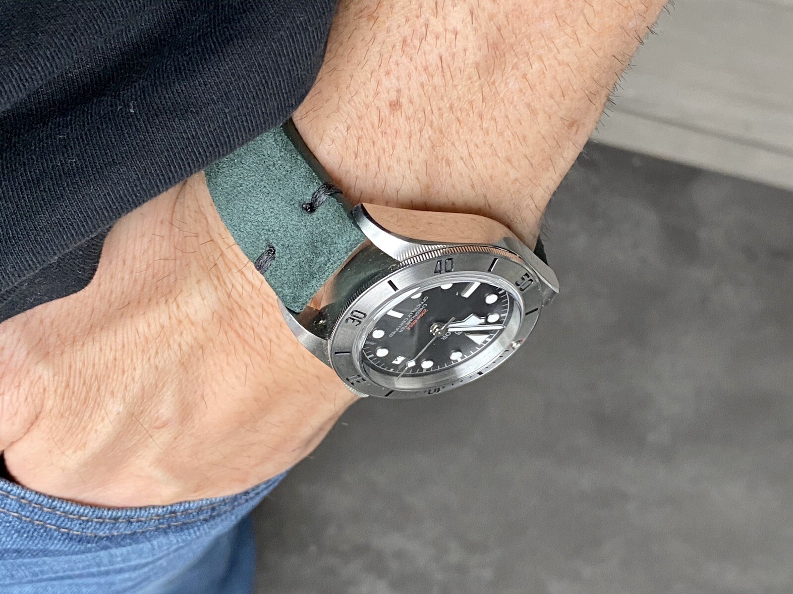 20mm Thick GREEN Vintage Suede Leather Watch Strap Band BLACK Stitching ...