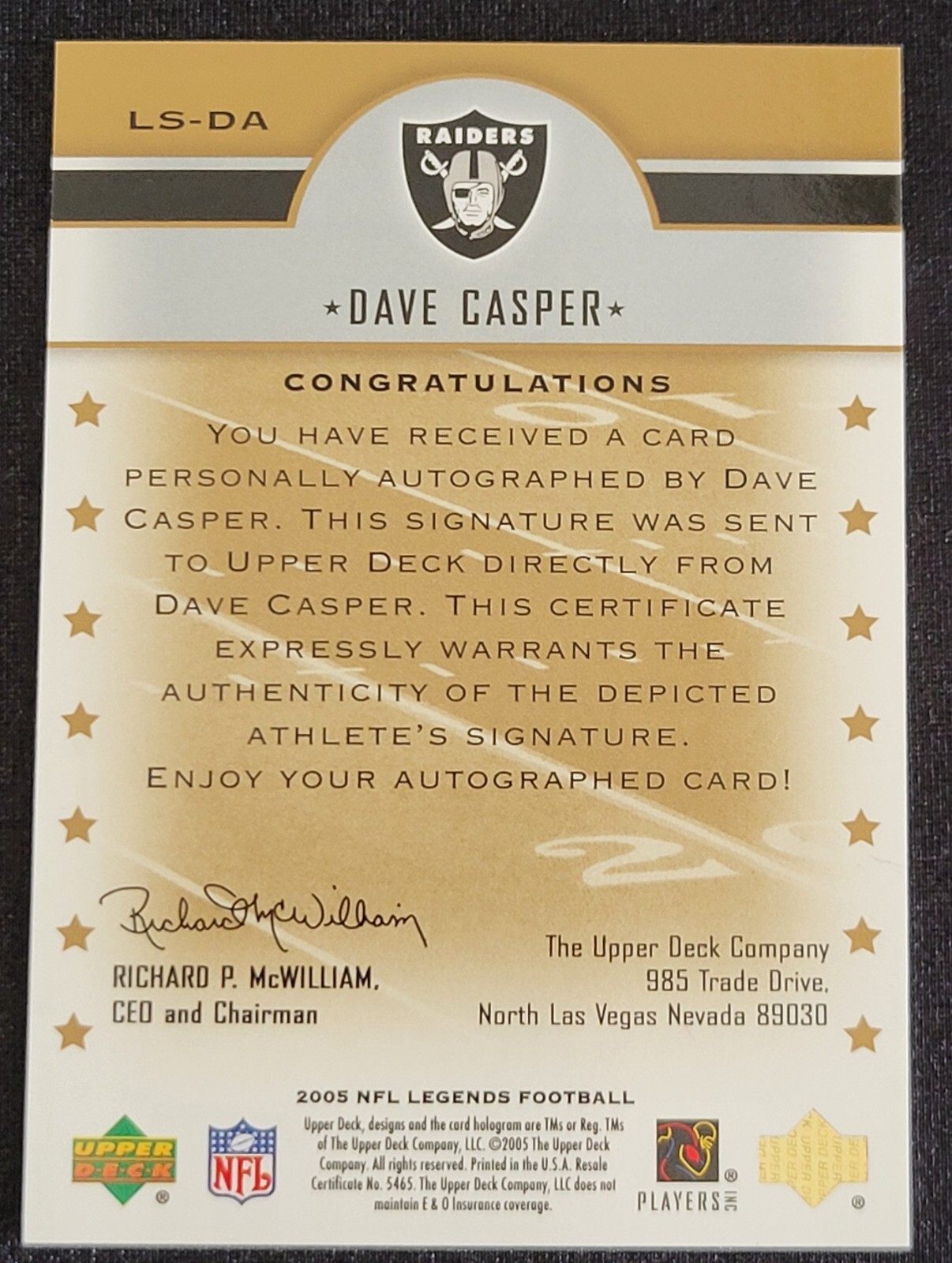 Dave Casper 2005 Upper Deck NFL Legends Legendary Signatures - Raiders ...