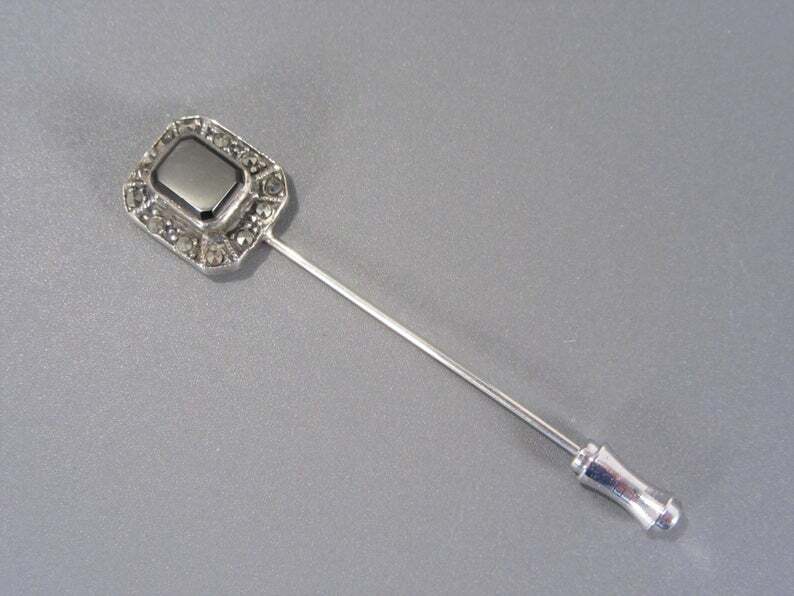 Art Deco Vintage Solid 935 Argentium Silver Marcasite Onyx Beautiful ...