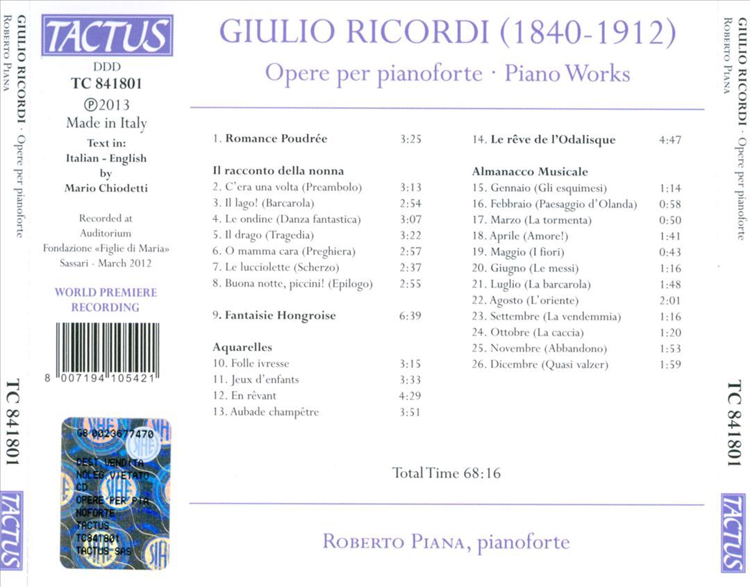 ROBERTO PIANA GIULIO RICORDI: OPERE PER PIANOFORTE NEW CD 8007194105421 ...