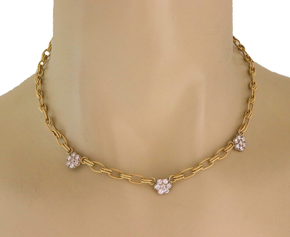 Diamond Gold Necklace Floral Motifs 18k Two Tone Wire Oval Link ...