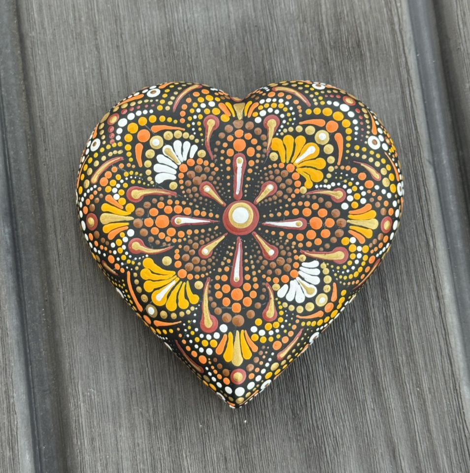 Painted Heart Fall Mandala Rock Garden Home art decor OOAK Dot Art | eBay