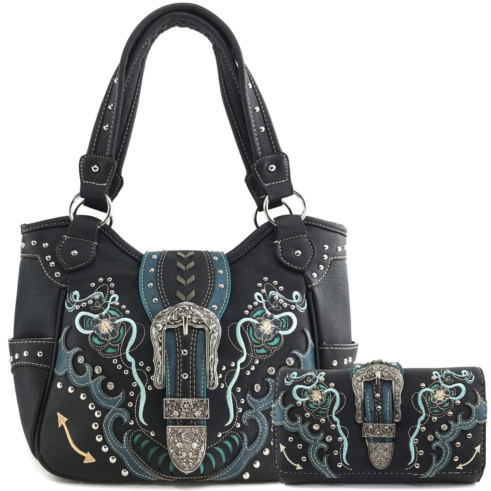 Justin West Buckle Flower Stud Floral Conceal Carry Shoulder Handbag ...