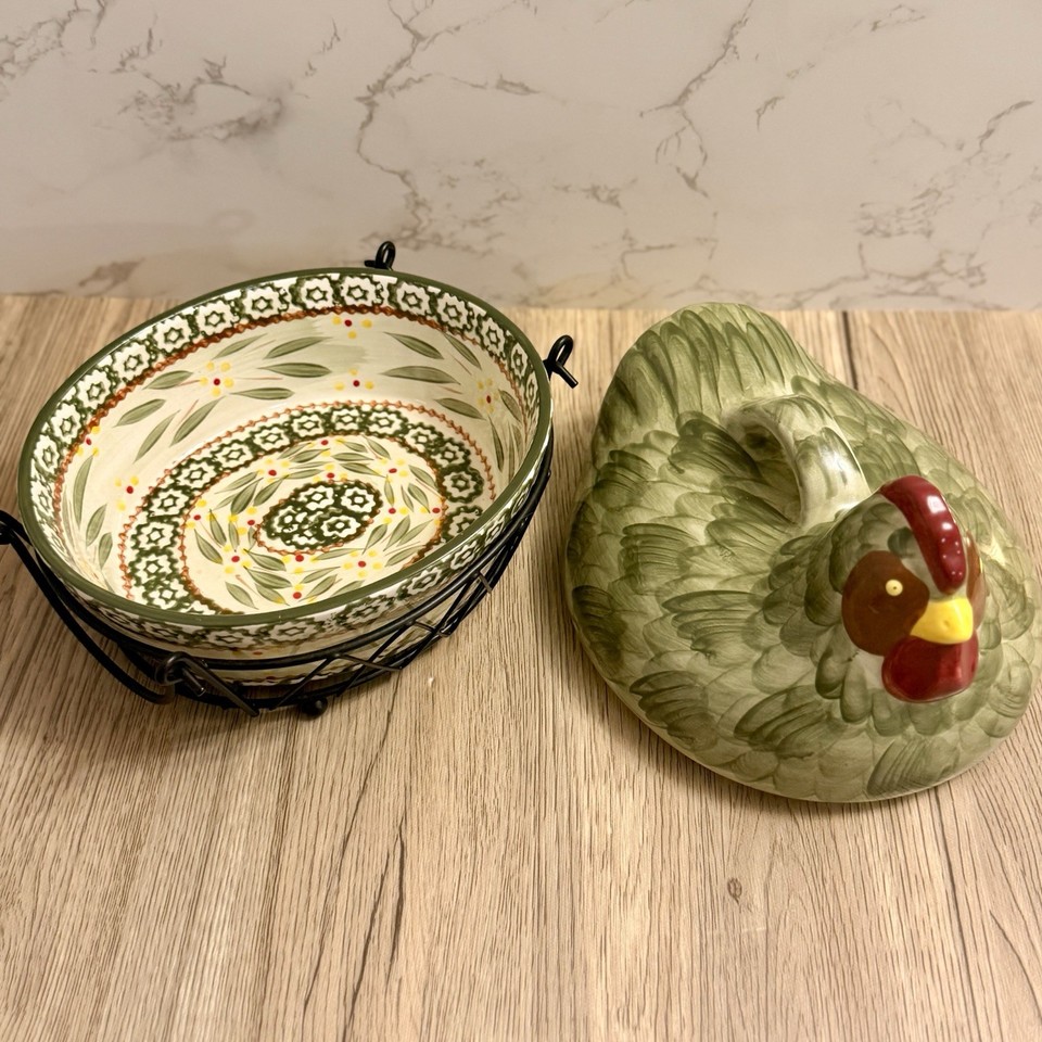 Temptations Ovenware Green Chicken Rooster Wire Basket 1 Qt Casserole ...