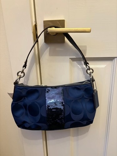 COACH Demi Handbag Deep Blue Signature w/Sequined Sateen Stripe (NEVER ...